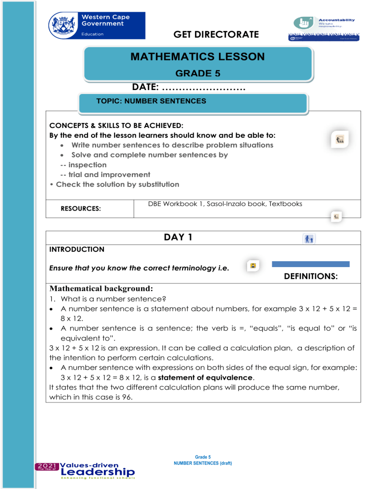 Grade 5 Number Sentences Lesson Plan