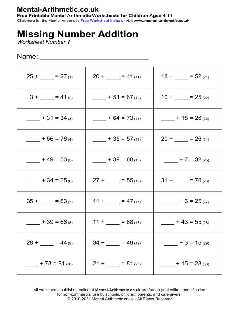 Missing Number Addition Worksheet