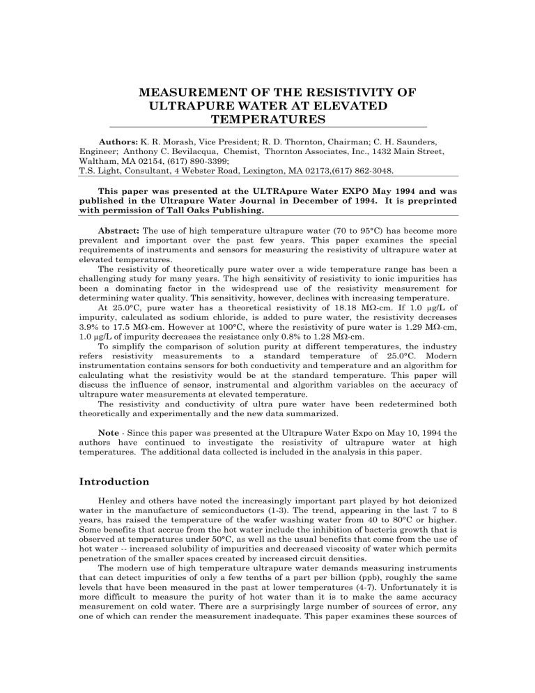 Resistivity of Ultrapure Water at High Temperatures