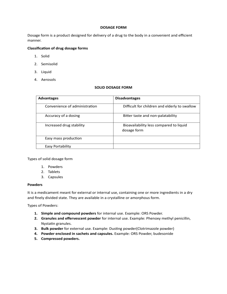 Pharmaceutics: Dosage Forms Classification and Properties