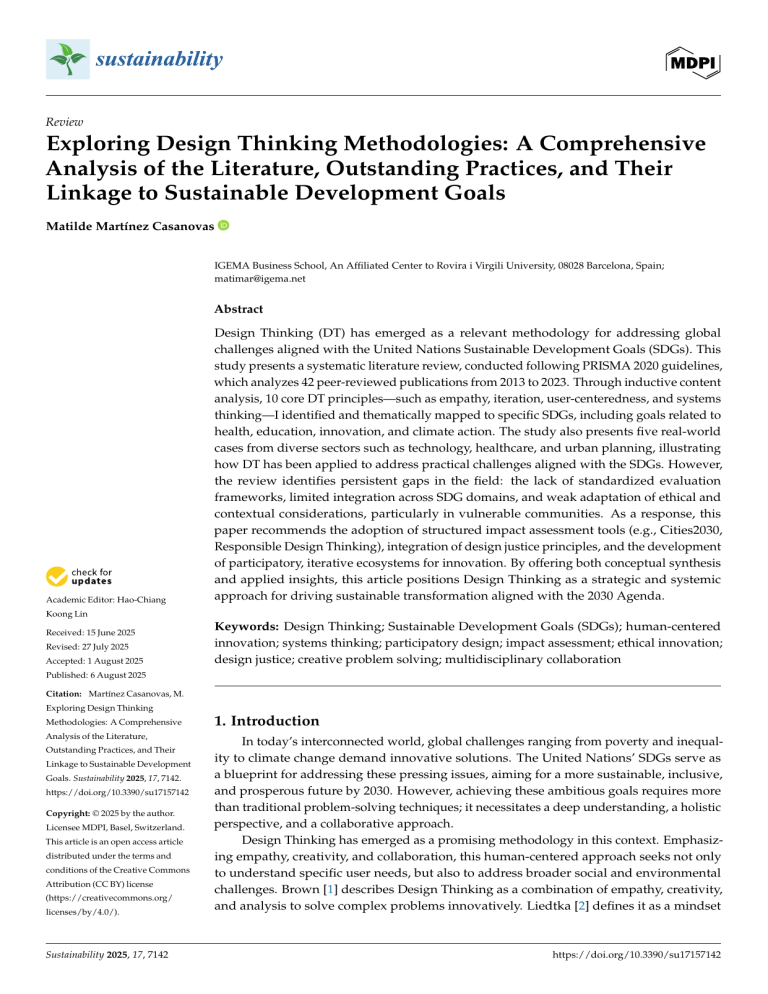 Design Thinking and SDGs: A Systematic Literature Review