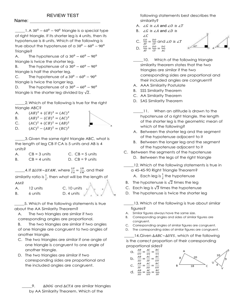 Geometry Test: Triangle Similarity Review