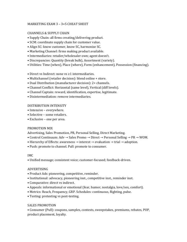 Marketing Exam 3 Cheat Sheet: Channels, IMC, and Promotion