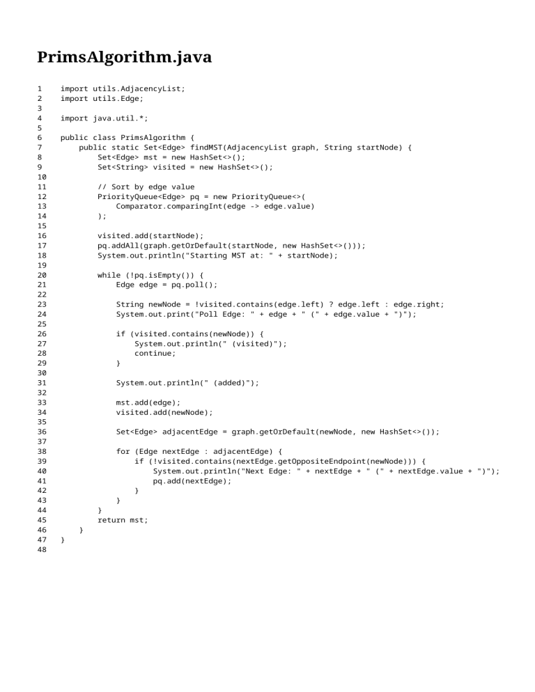 PrimsAlgorithm.java - Minimum Spanning Tree Implementation
