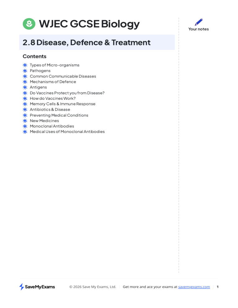 WJEC GCSE Biology Notes: Disease, Defence & Treatment