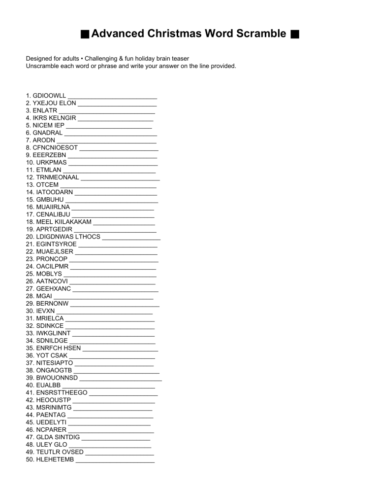 Advanced Christmas Word Scramble for Adults