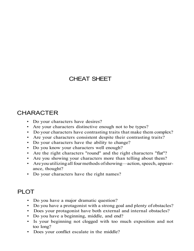 Fiction Writing Cheat Sheet: Character & Plot Checklist