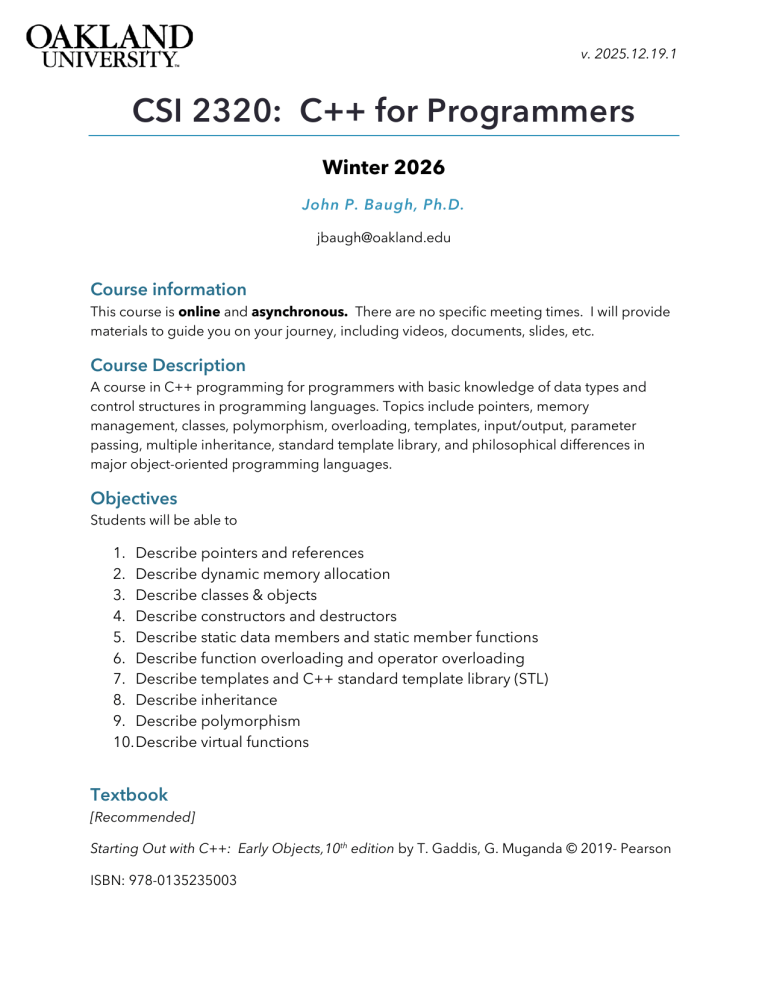 CSI 2320 C++ for Programmers Syllabus Winter 2026