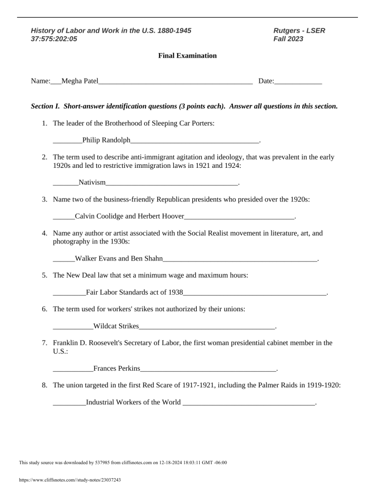Rutgers Labor History Final Exam 1880-1945