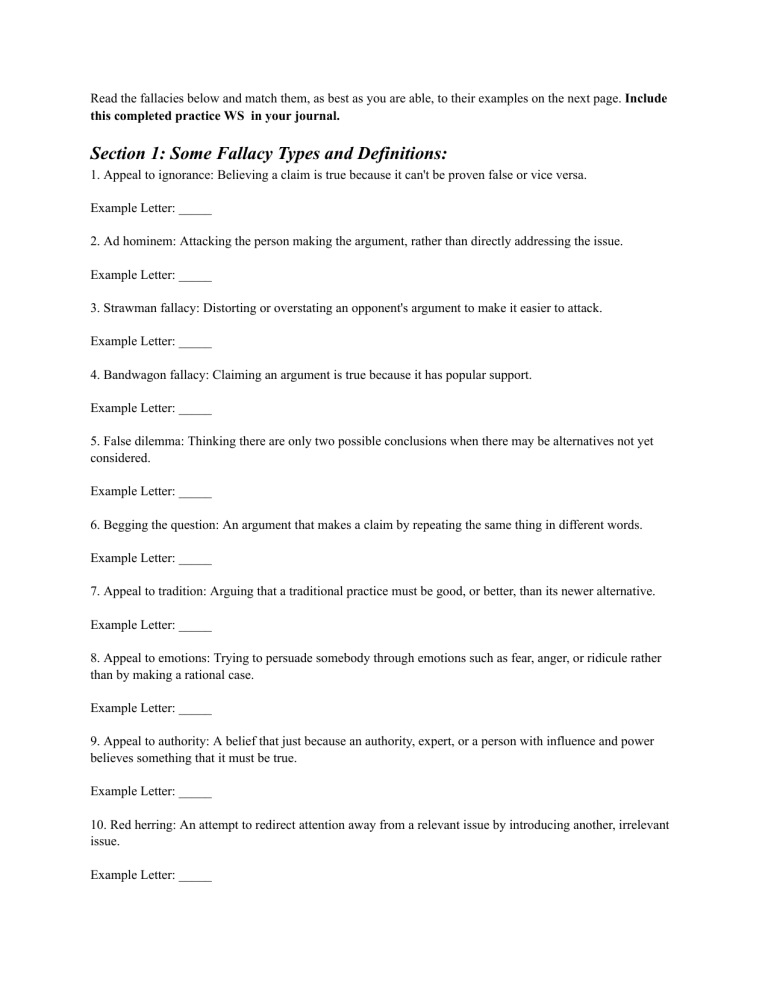 Logical Fallacies Matching Worksheet