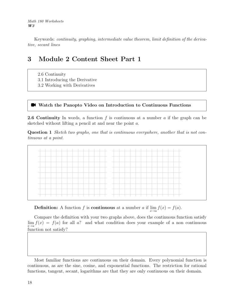 Math 180 Worksheets W3: Continuity & Derivatives