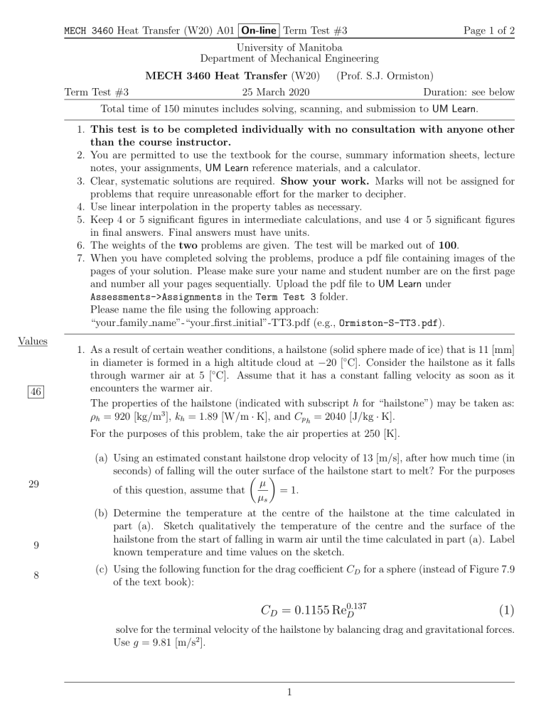 MECH 3460 Heat Transfer Term Test #3 (W20)