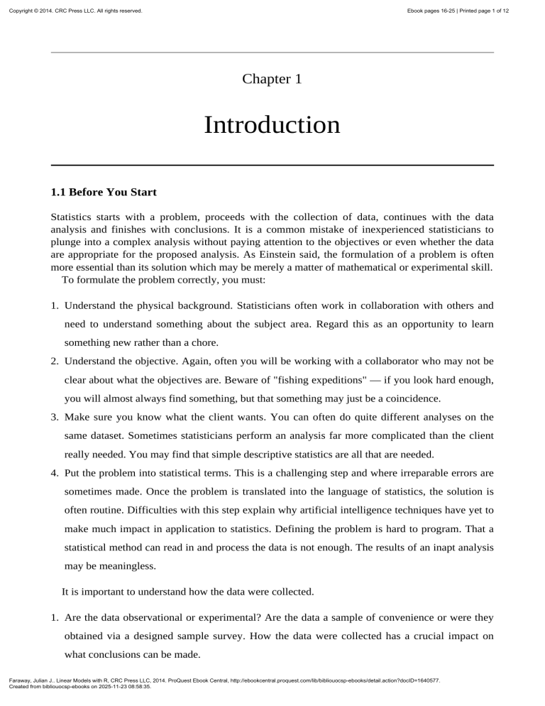 Linear Models with R: Introduction to Statistical Analysis