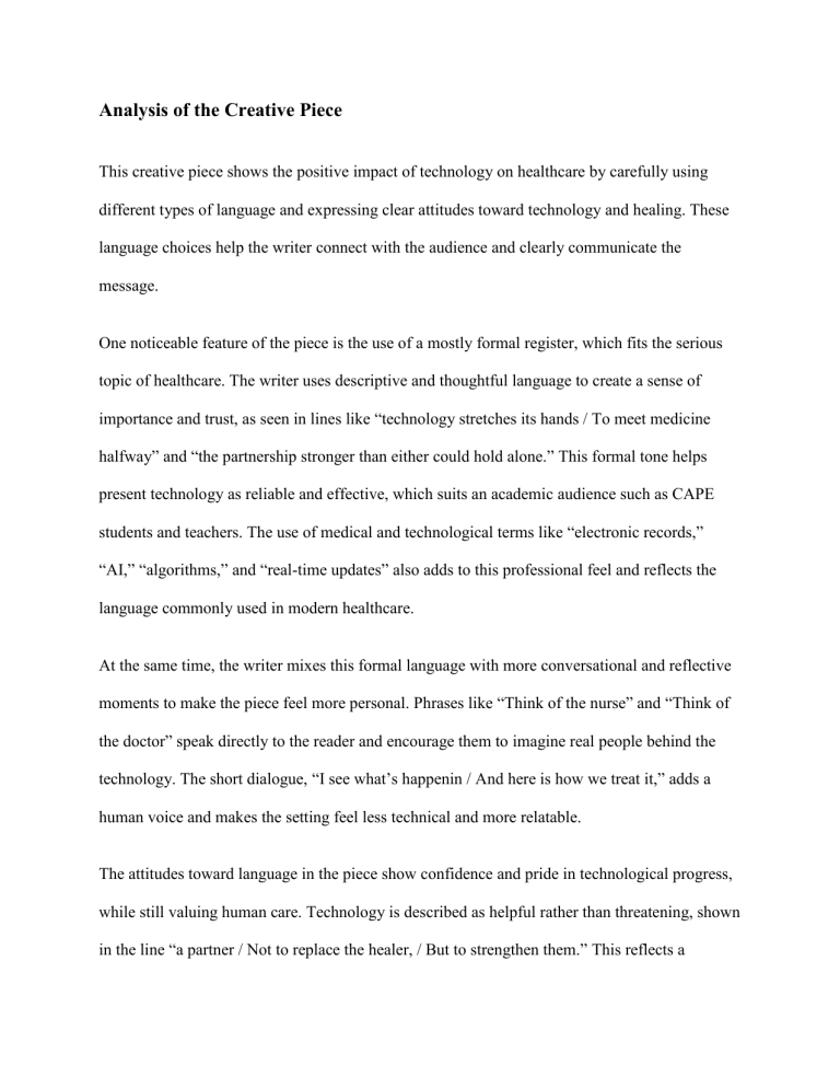 Analysis of Technology in Healthcare Creative Writing