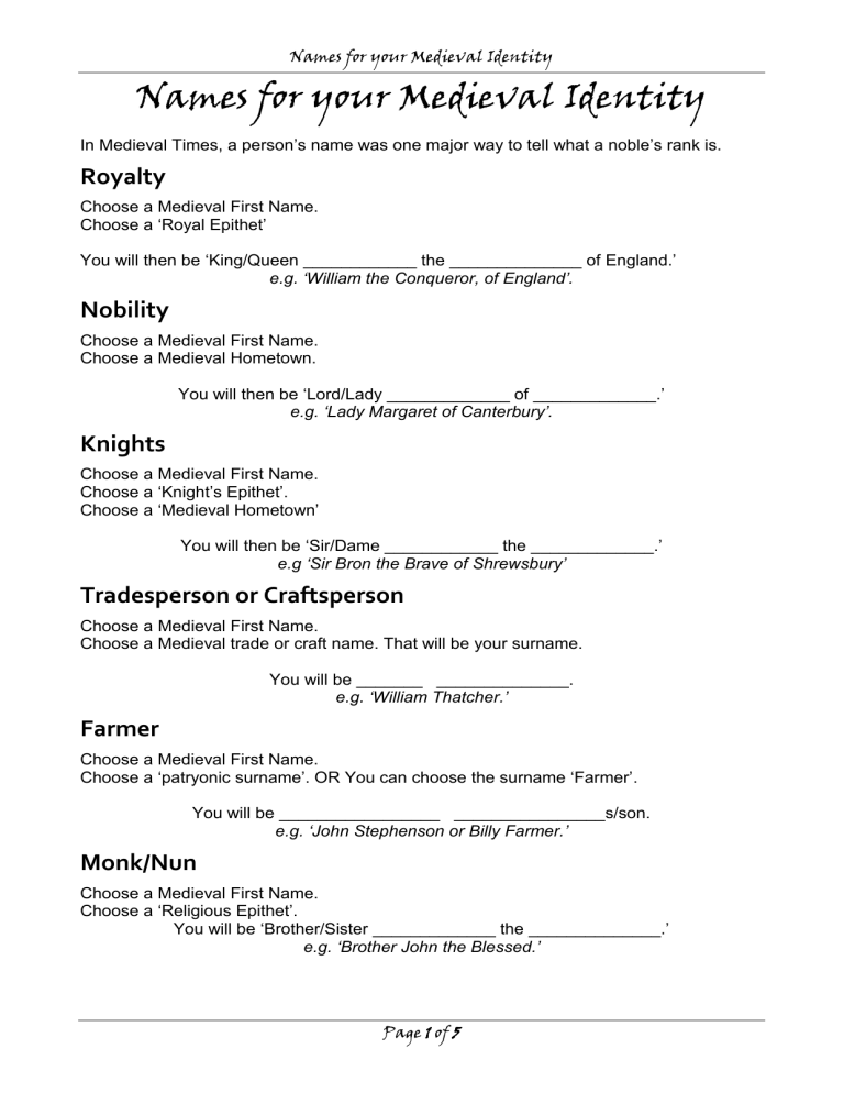 Medieval Identity Names: Create Your Medieval Name