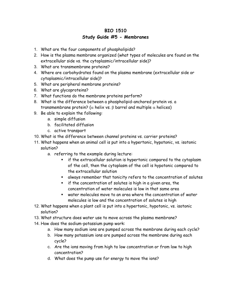 BIO 1510 Study Guide: Cell Membranes and Transport
