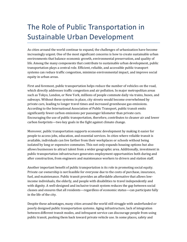 The Role of Public Transportation in Sustainable Urban Development