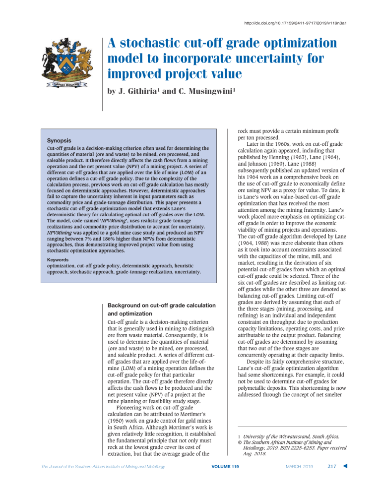 Stochastic Cut-off Grade Optimization for Mining NPV