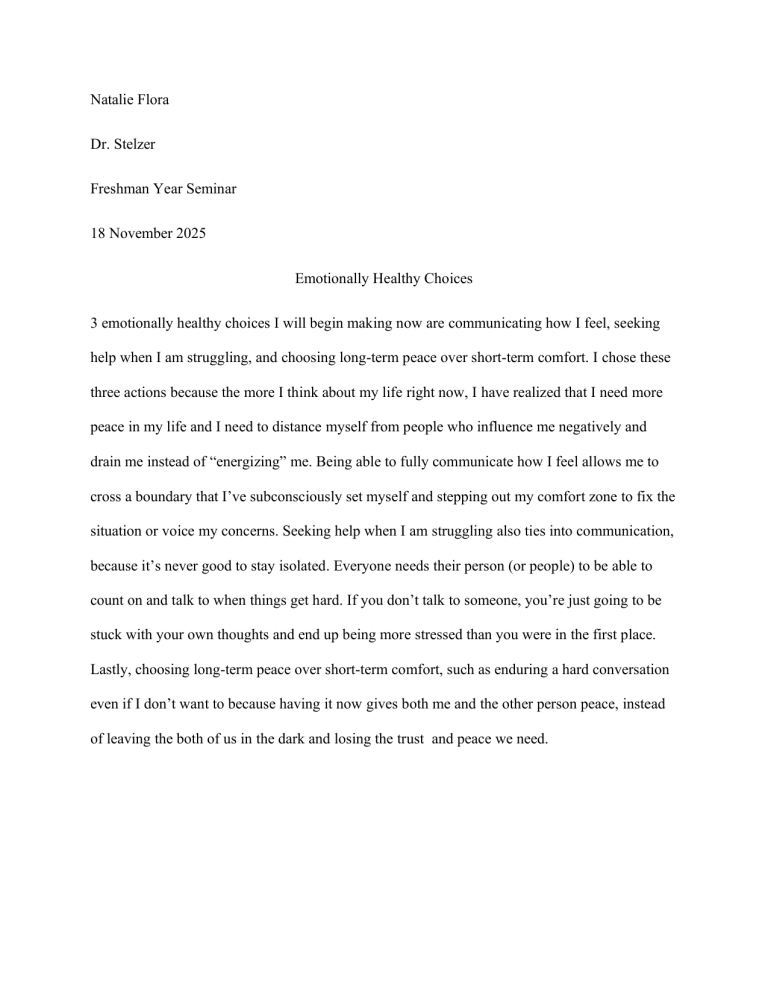 Emotionally Healthy Choices: Personal Reflection Essay