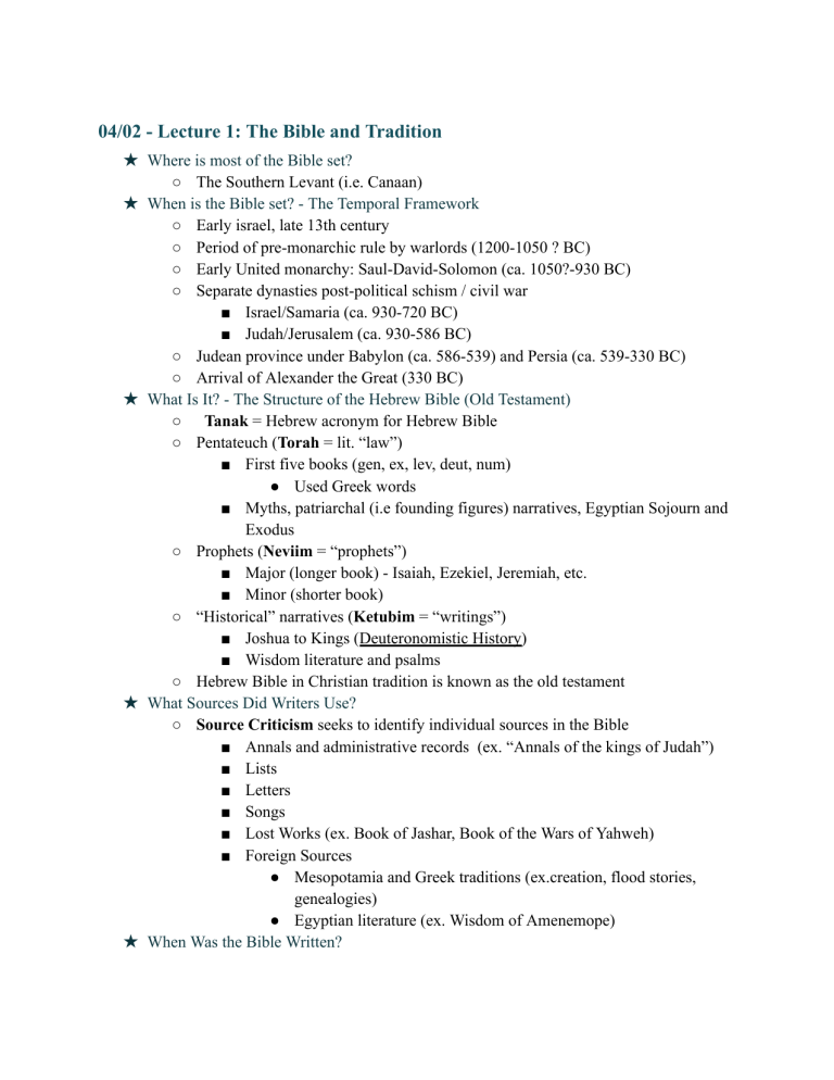 Lecture 1: The Bible and Tradition - Biblical Studies