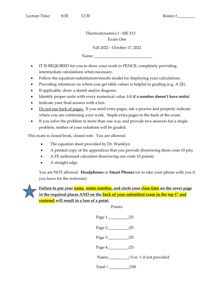 Thermodynamics I ME 513 Exam One Fall 2022