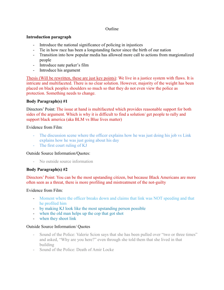Essay Outline on Policing Injustices and Race