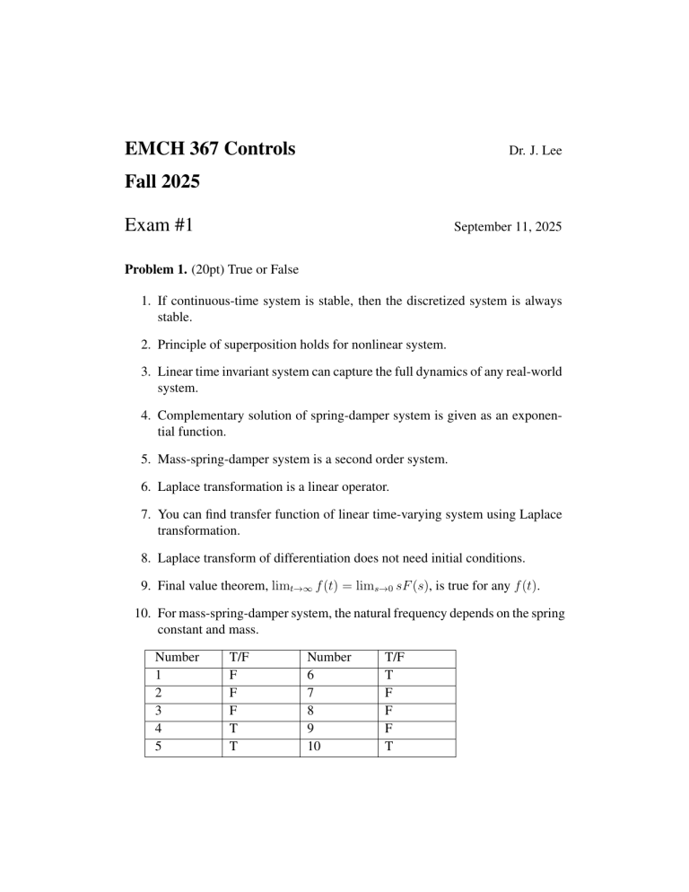 EMCH 367 Controls Exam #1 Fall 2025