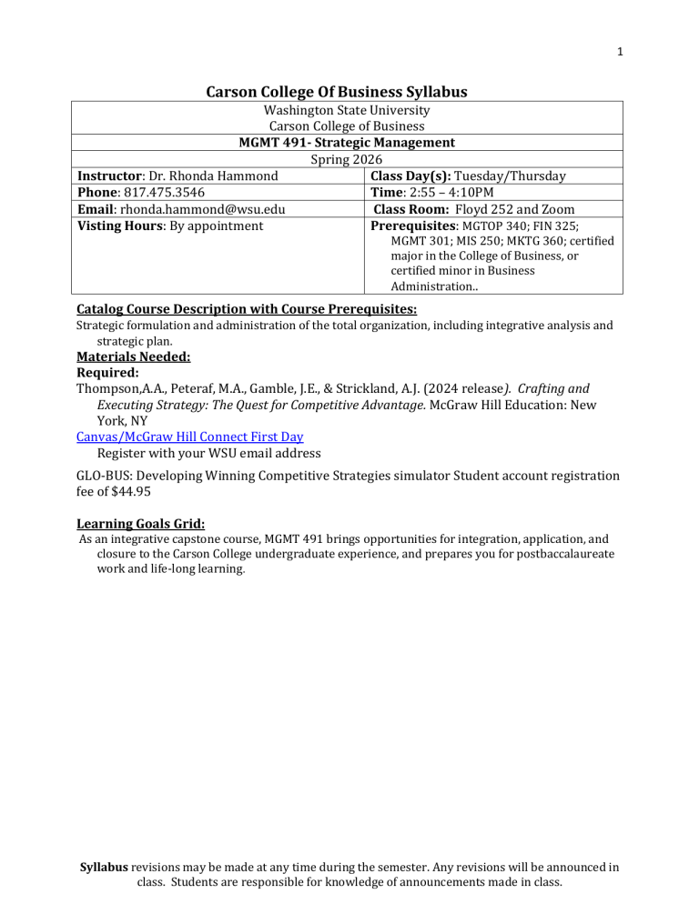 MGMT 491 Strategic Management Syllabus Spring 2026 WSU
