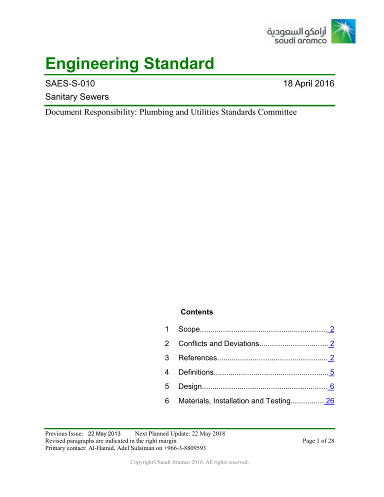 Saudi Aramco Engineering Standard SAES-S-010 Sanitary Sewers