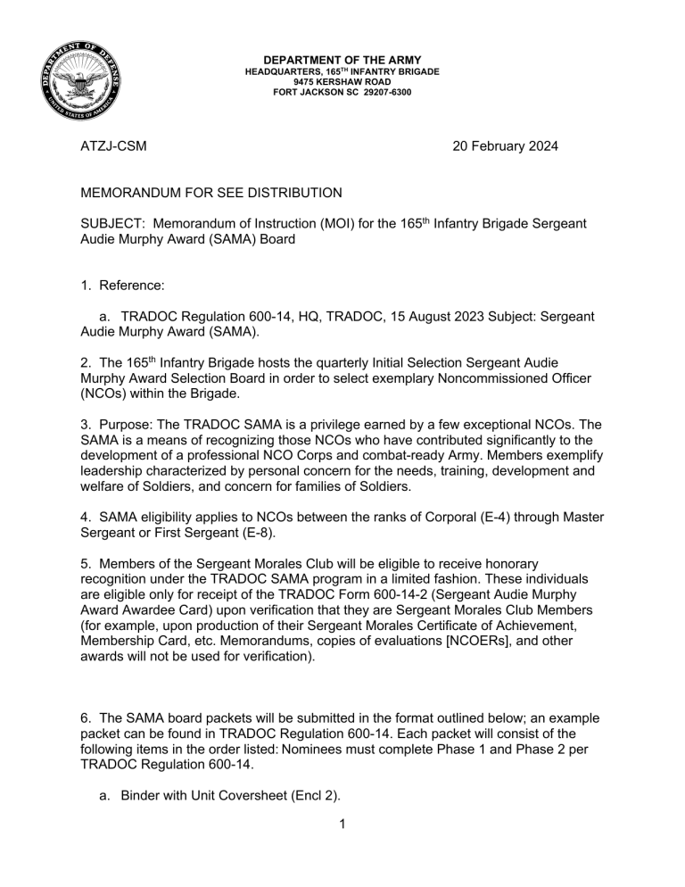 165th Infantry Brigade SAMA Board MOI 2024