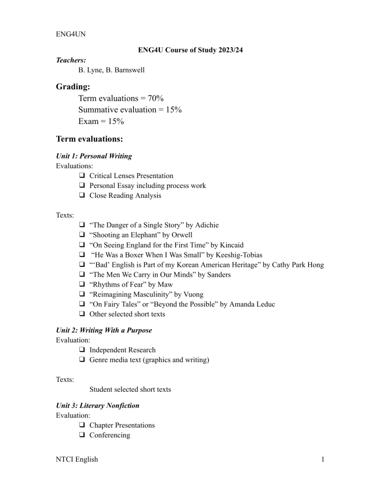 ENG4U Course of Study 2023/24: English 12 Syllabus
