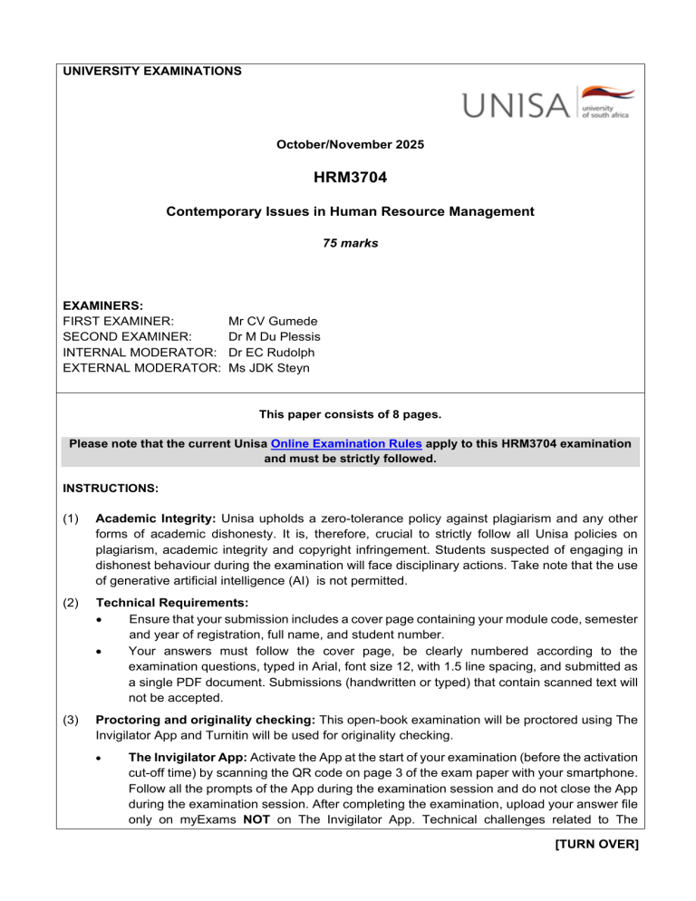 UNISA HRM3704 Exam Paper