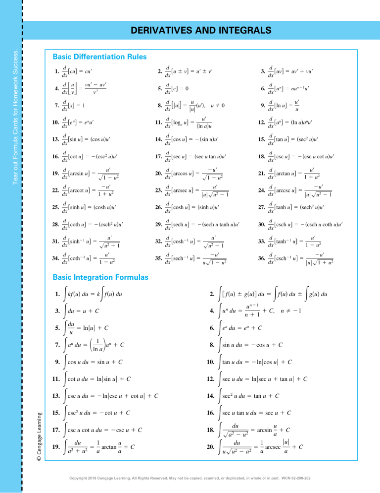 Calculus and Trigonometry Formula Sheet - Cengage Learning