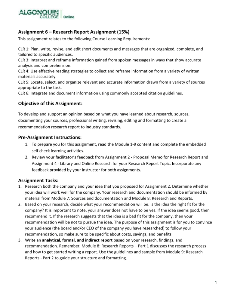 Algonquin College Assignment 6: Research Report Guide