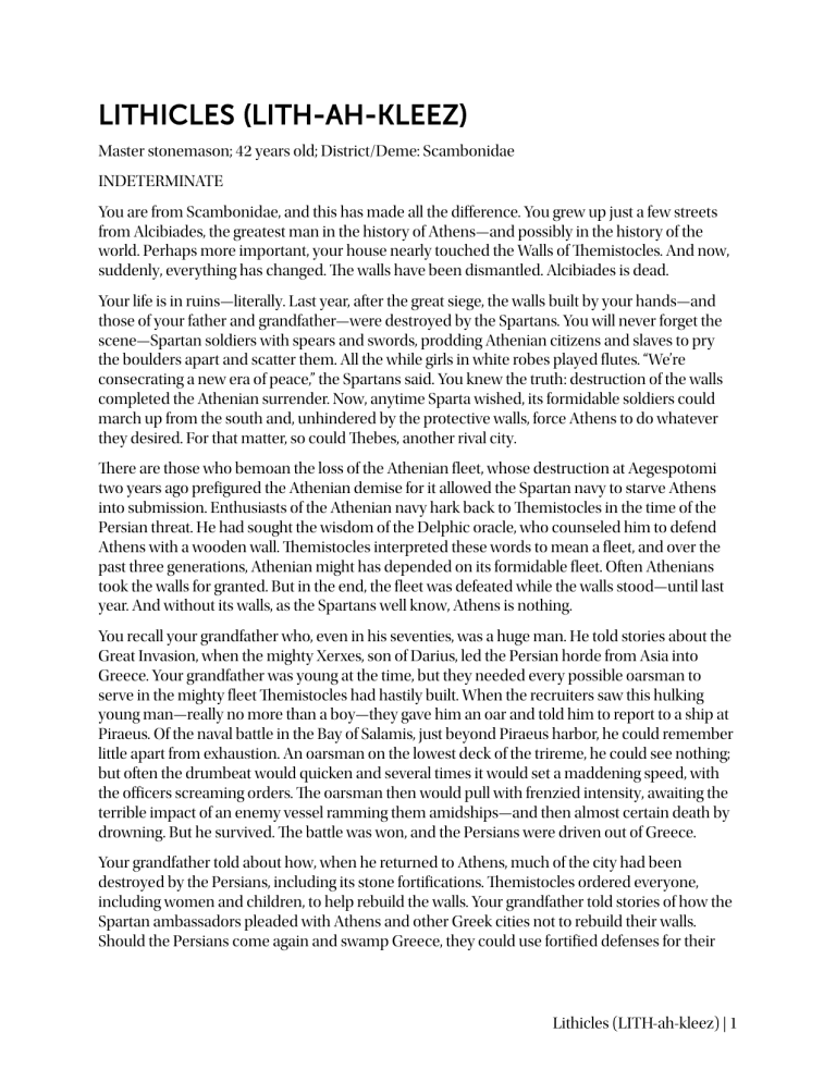 Lithicles: Ancient Athens Role-Playing Character Sheet