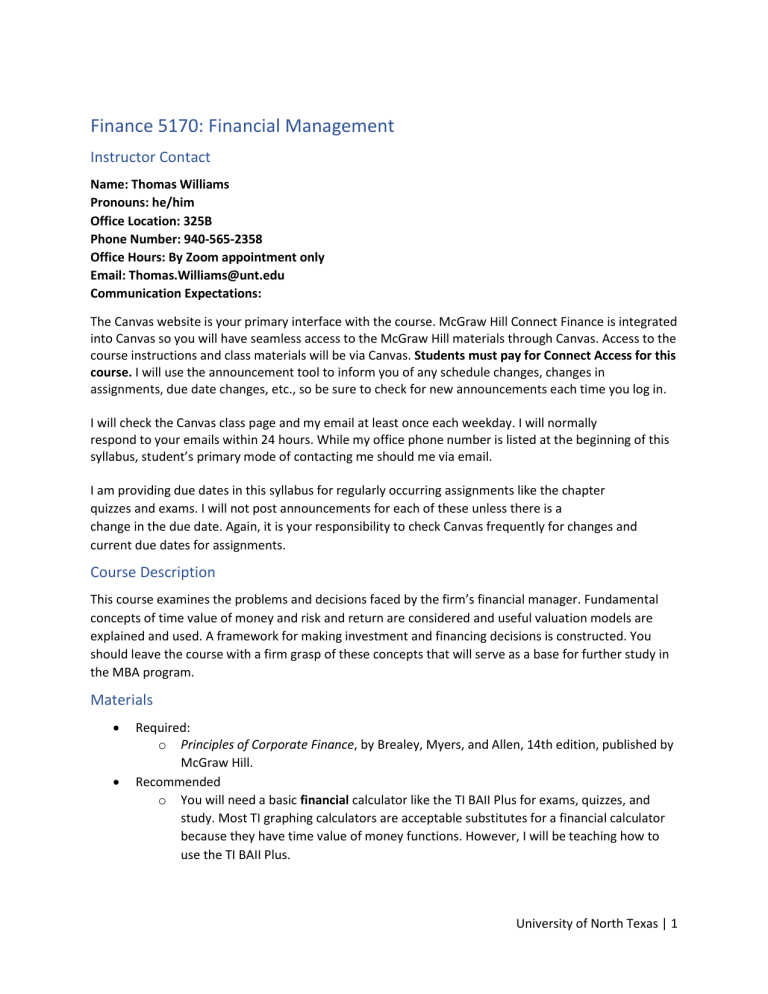 Finance 5170: Financial Management Syllabus