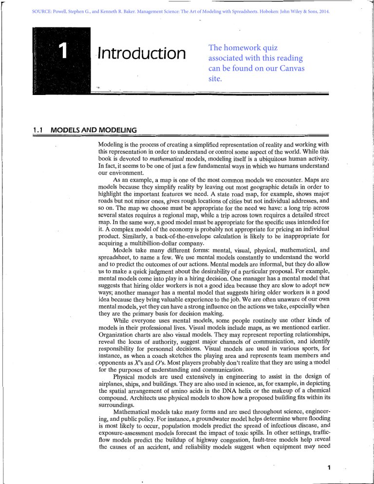 Introduction to Models and Modeling in Management Science
