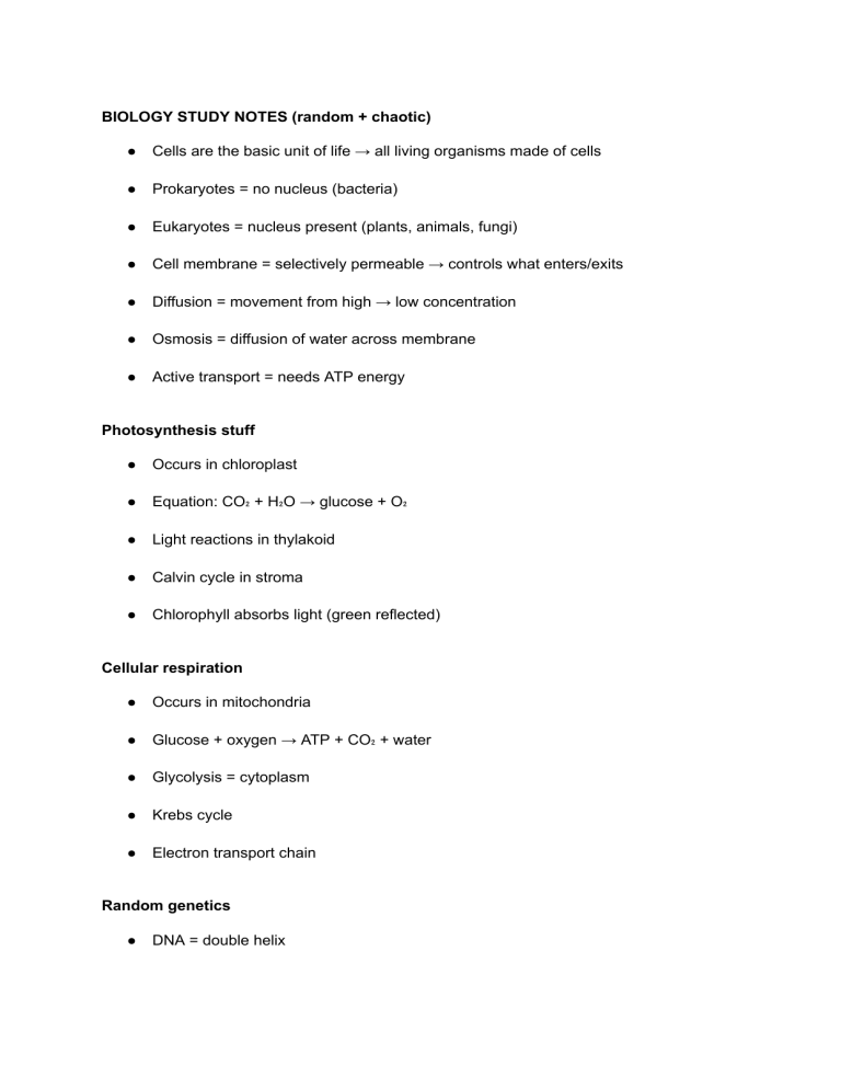 Biology Study Notes: Cells, Genetics, and Ecology