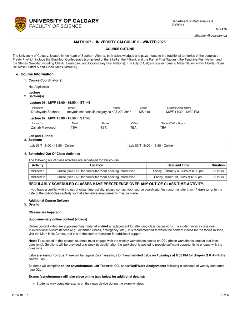 MATH 267 University Calculus II Course Outline Winter 2026