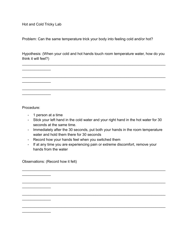 Hot and Cold Sensory Lab Worksheet