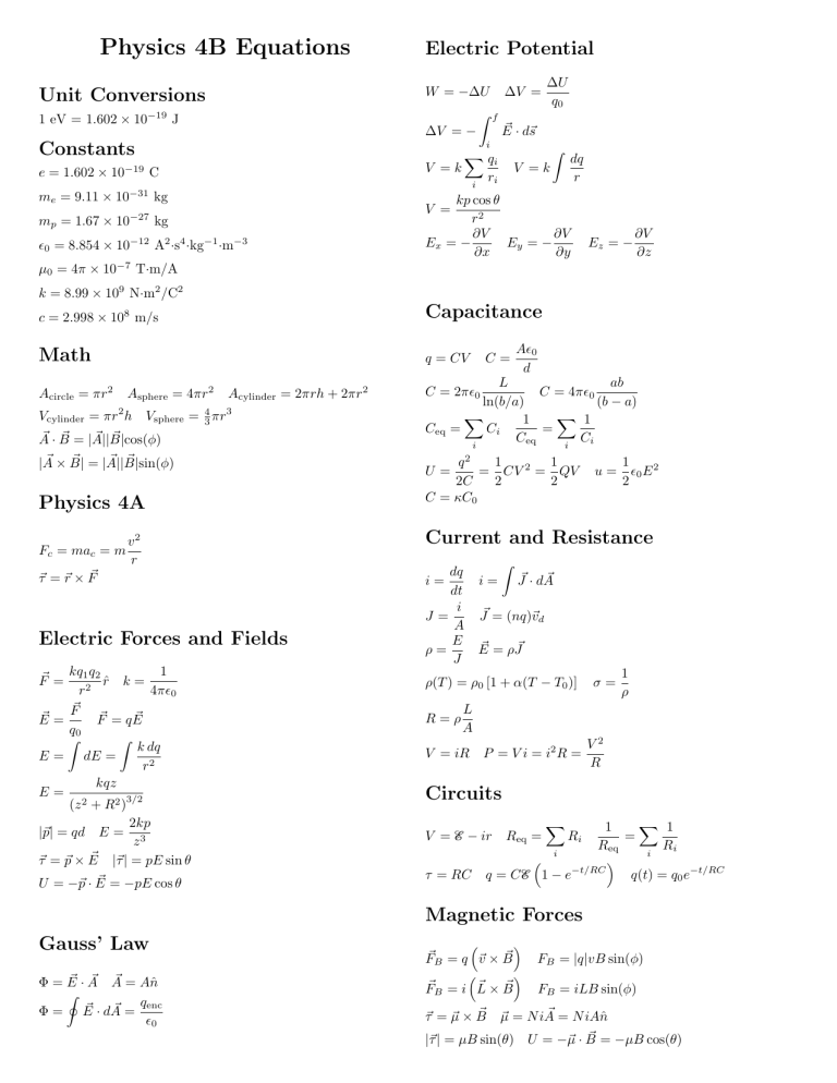 Physics 4B Equation Sheet: Electricity and Magnetism Formulas