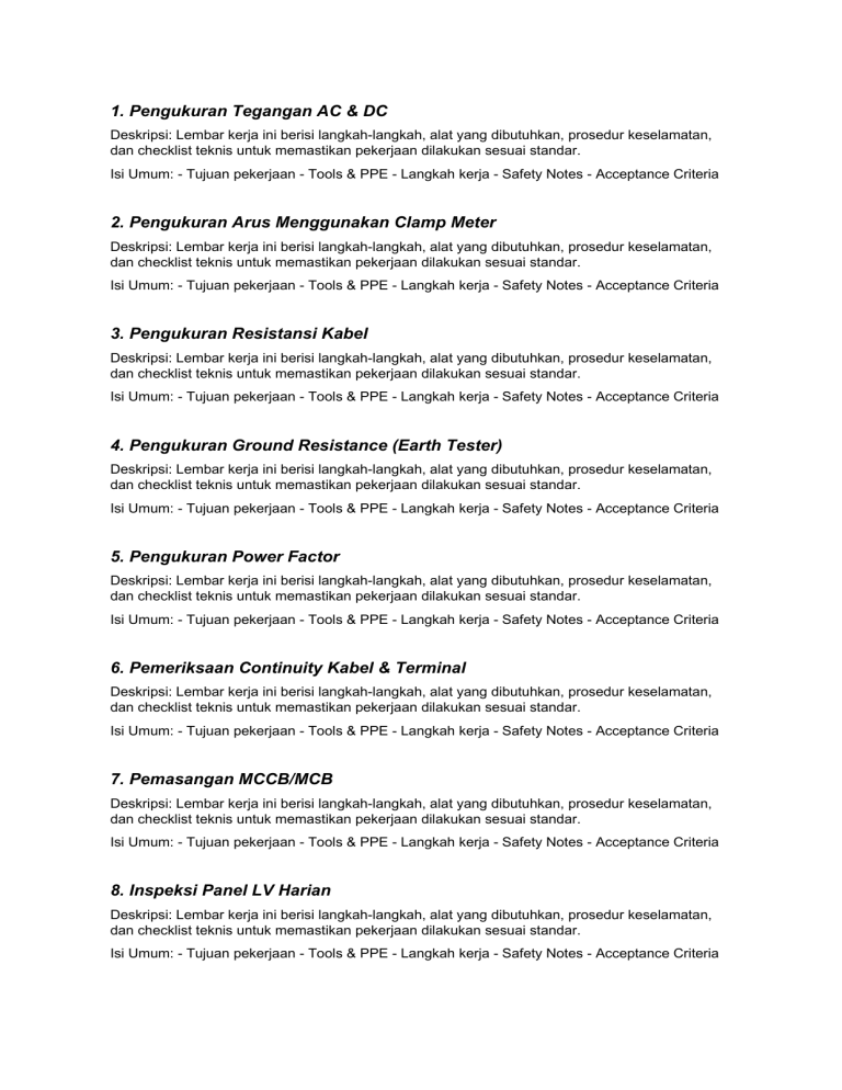 SOP & Lembar Kerja Maintenance Listrik