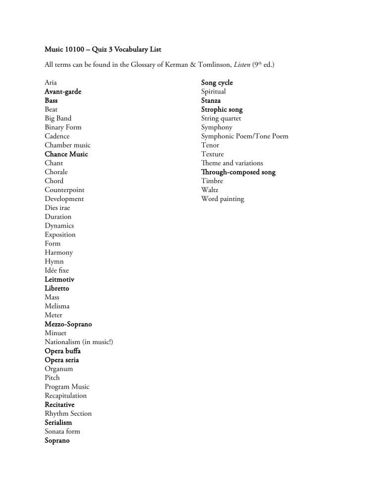 Music 10100 Quiz 3 Vocabulary List - Kerman & Tomlinson