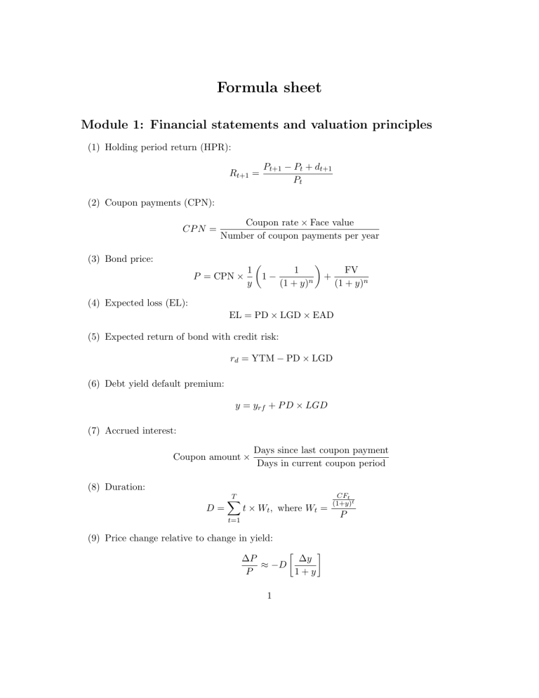 Finance Formula Sheet: Valuation, Capital Structure