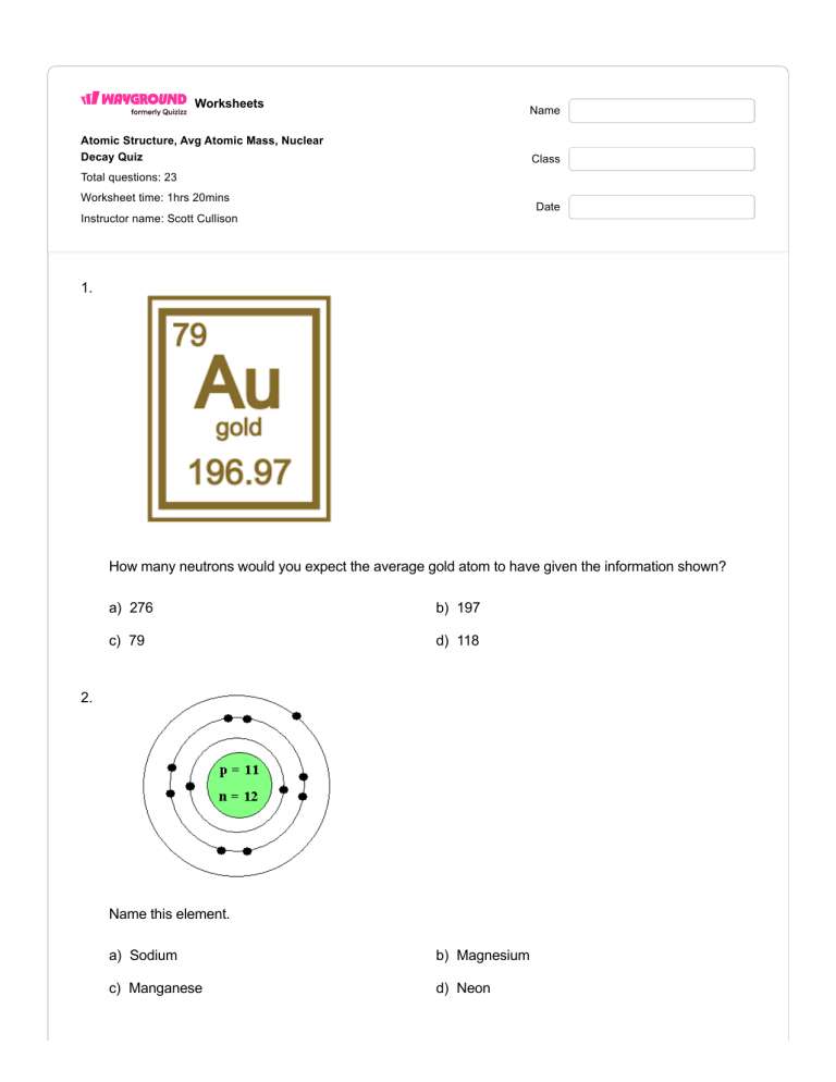 Atomic Structure & Nuclear Decay Quiz Worksheet