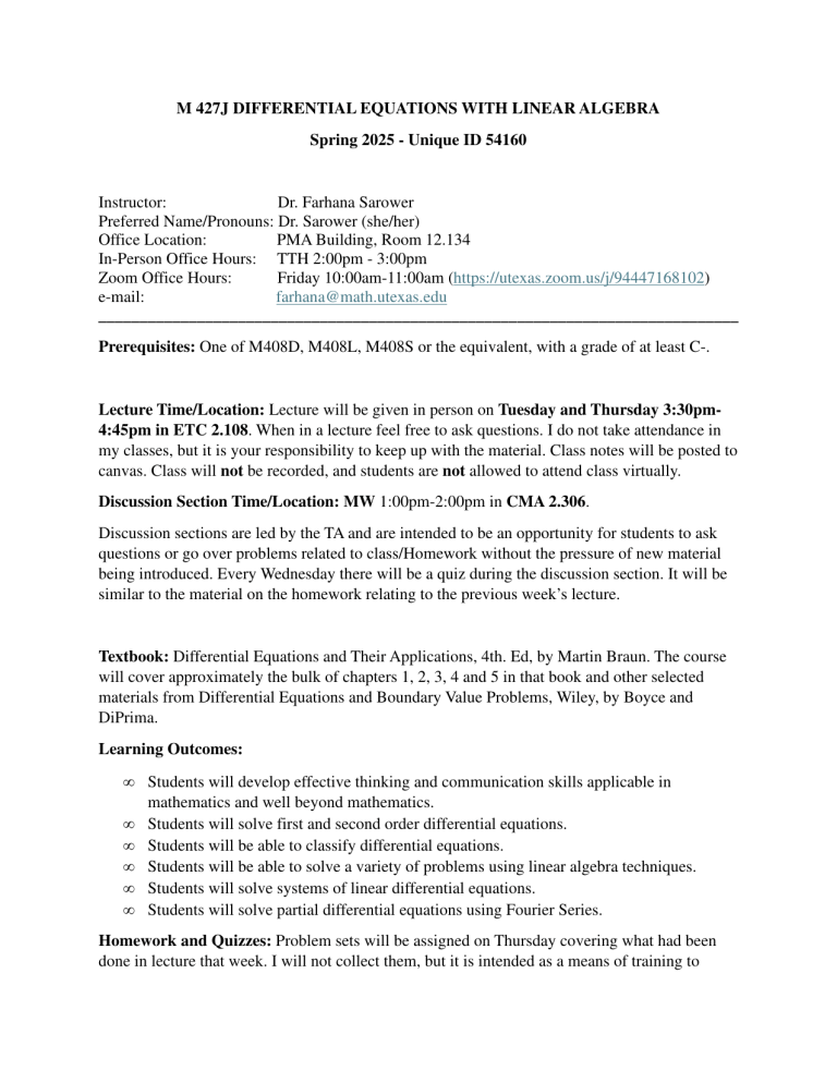 M 427J Differential Equations Syllabus Spring 2025 UT Austin