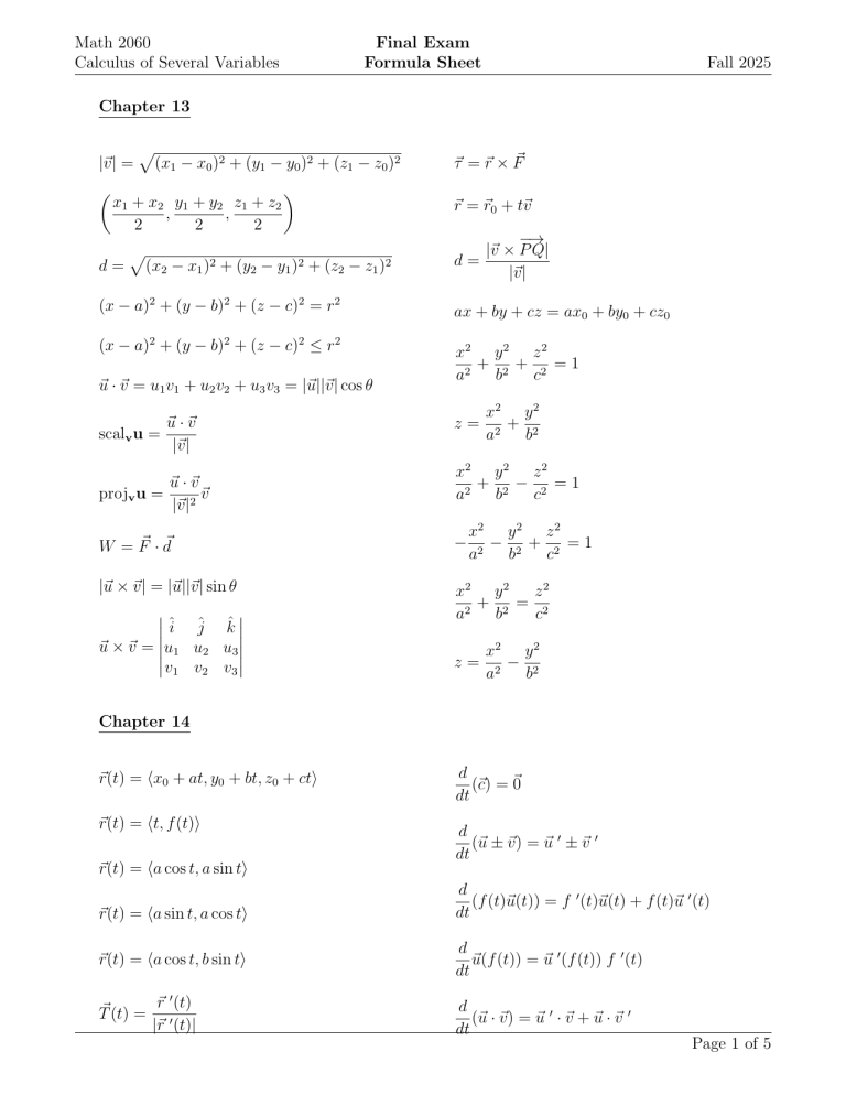 Hoja de Fórmulas Cálculo de Varias Variables