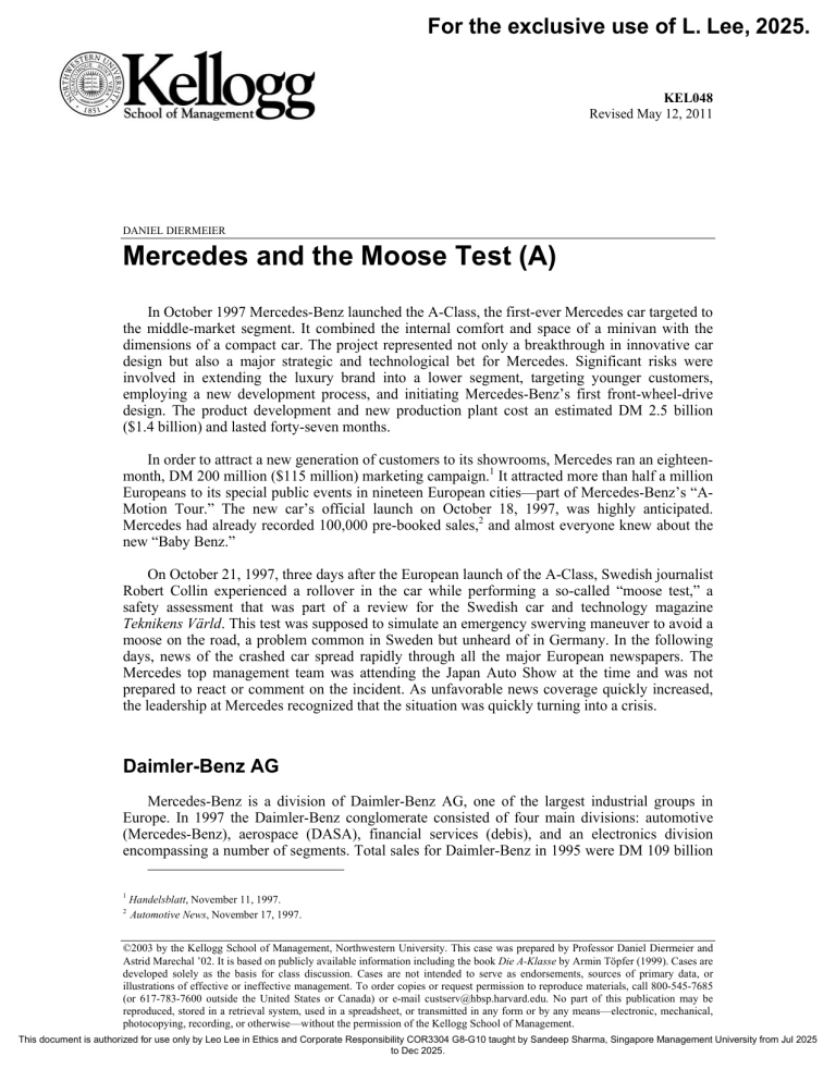 Mercedes and the Moose Test (A) Case Study