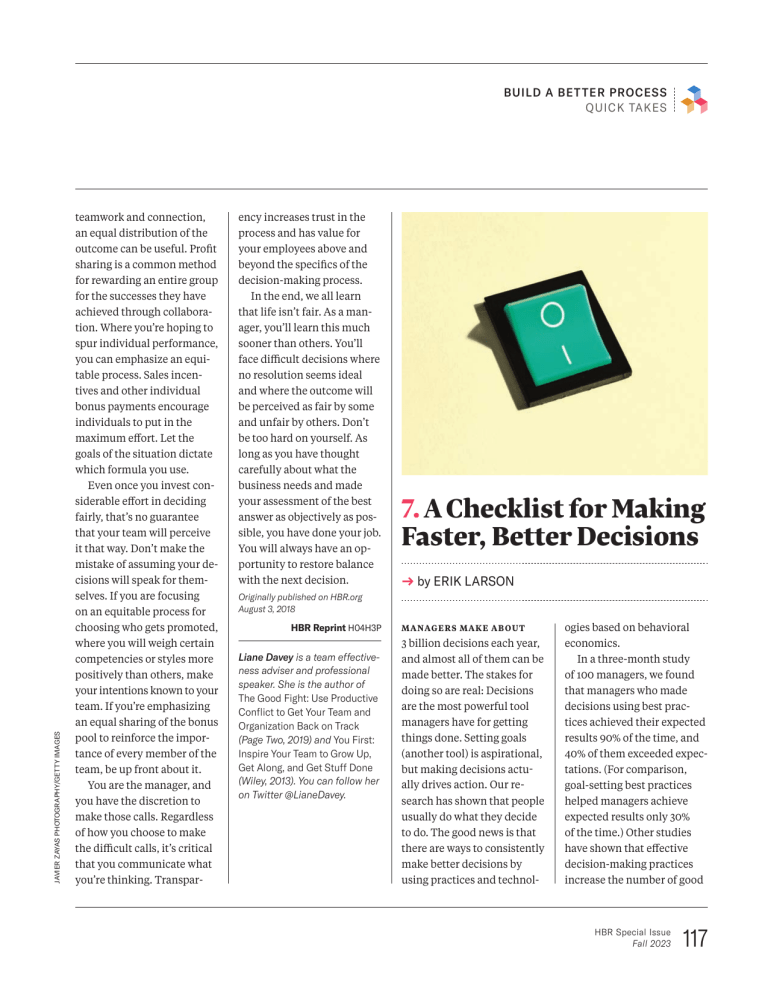 HBR Decision-Making Checklist: Faster, Better Decisions