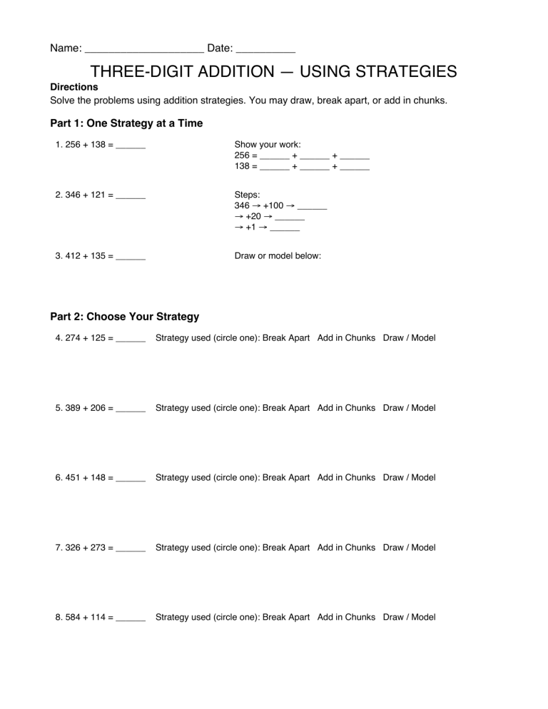 Three-Digit Addition Strategies Worksheet